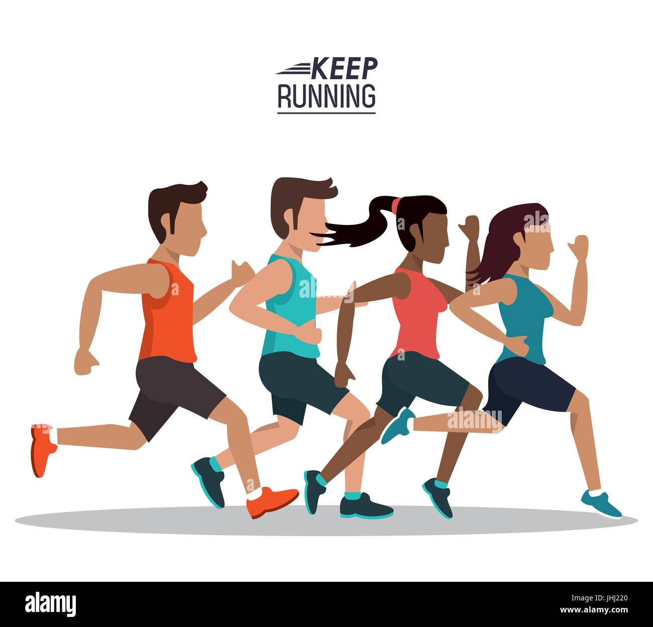 white background of poster keep running with male and female team of ...