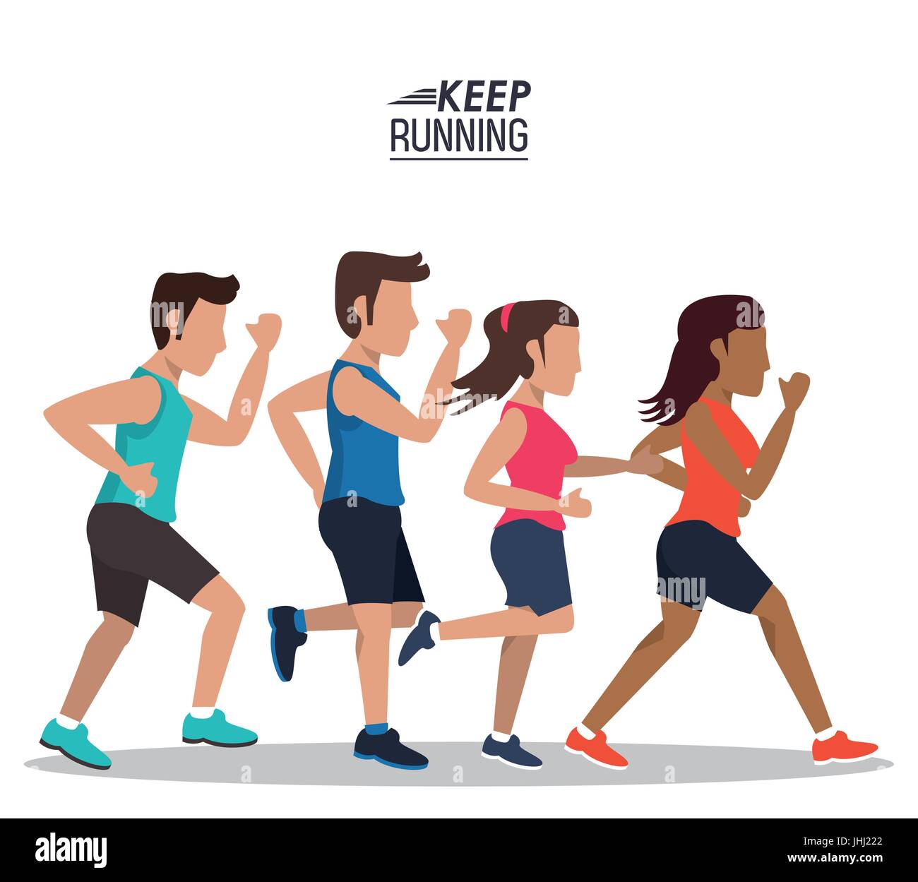 white background of poster keep running with set of men and women ...
