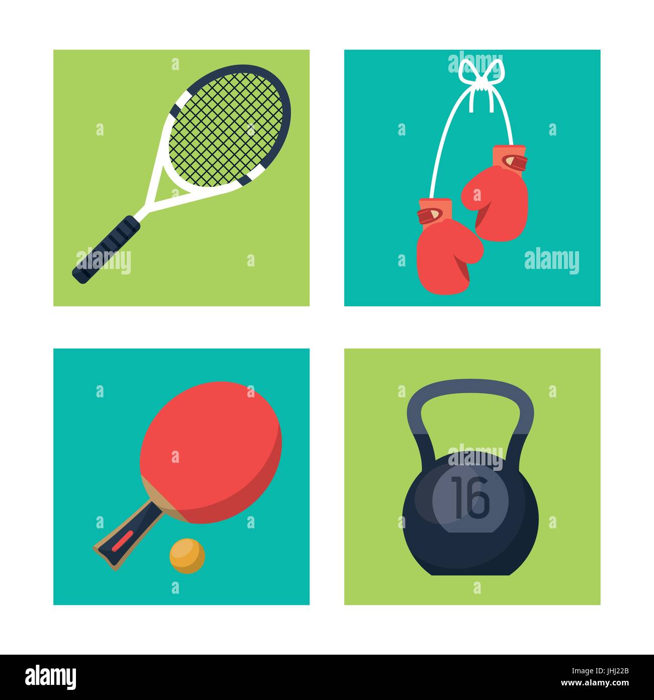 white background with squares set of sports elements tennis racket and ...