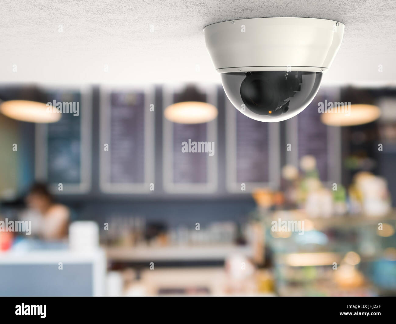 3d rendering security camera or cctv camera with restaurant background ...
