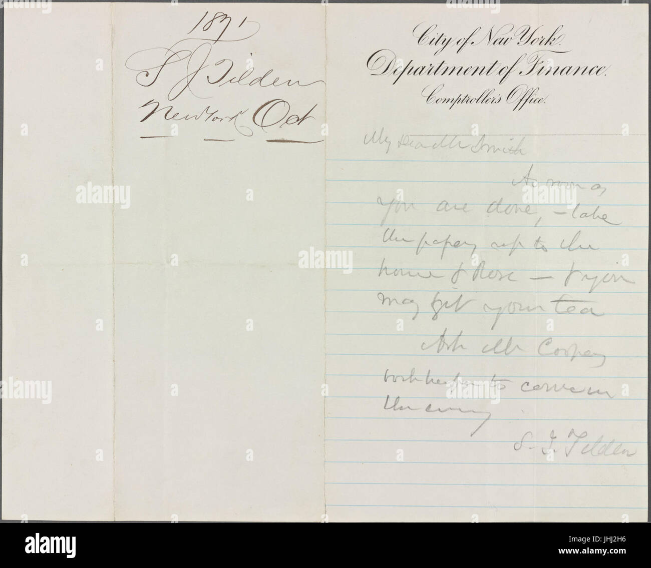 A historical letter or correspondence with Samuel J. Tilden, a notable ...