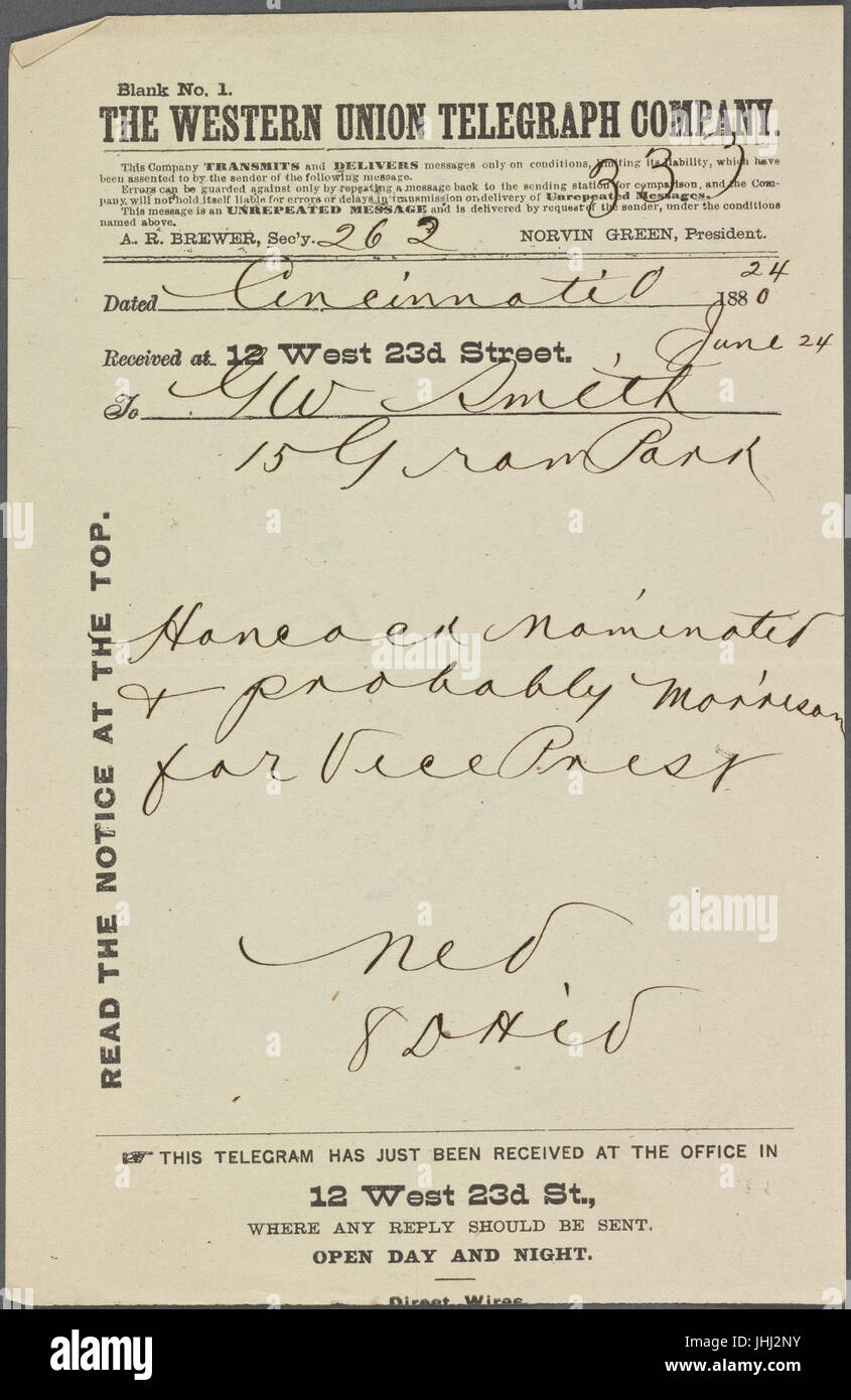 Telegrams relating to 1880 Democratic National Convention (NYPL ...