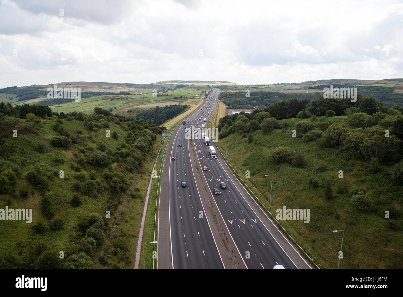 Trans-Pennine M62 motorway network in Yorkshire looking East from ...