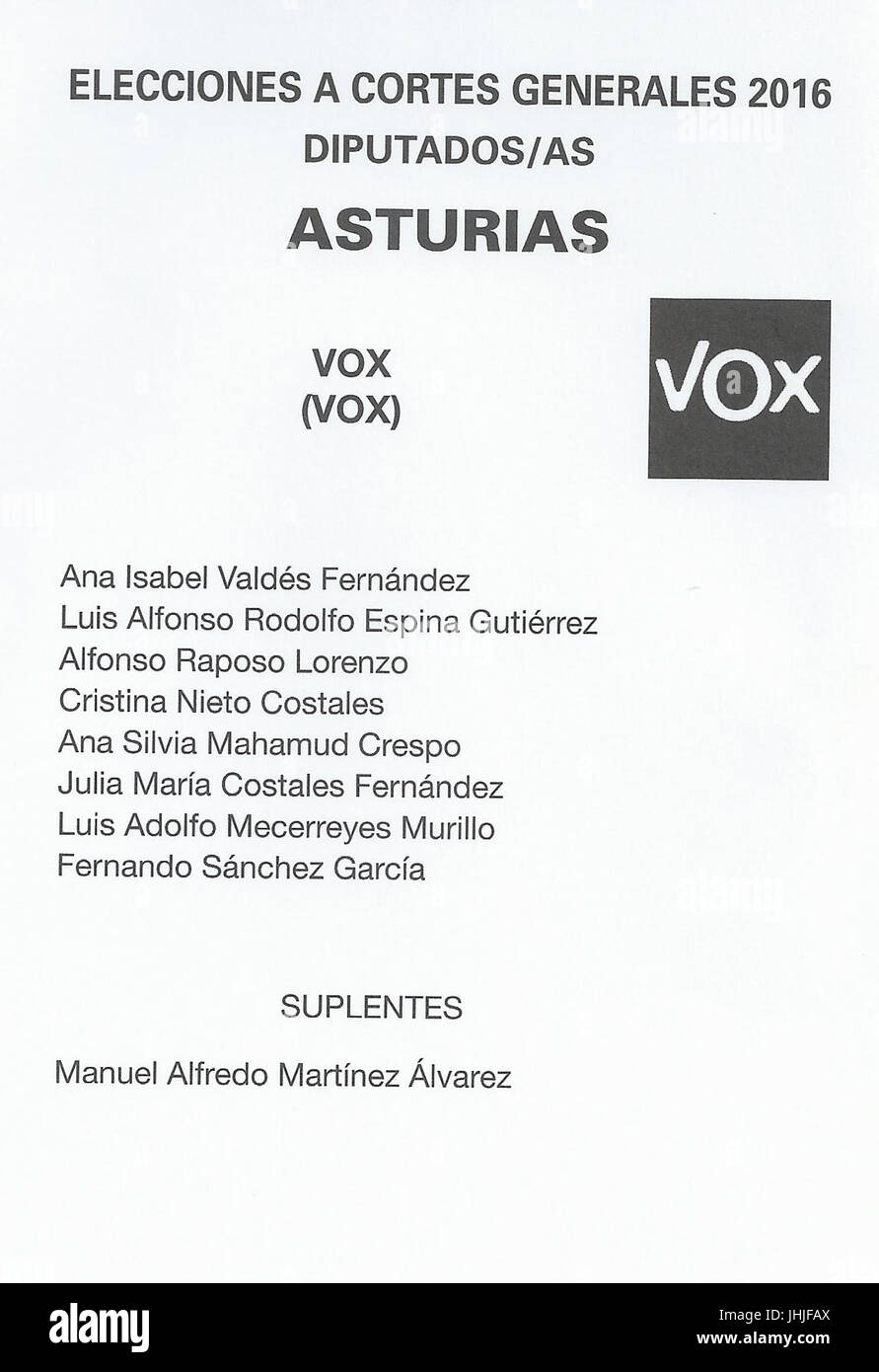 2016 Spanish General Elections Ballot - Asturias - Vox Stock Photo - Alamy