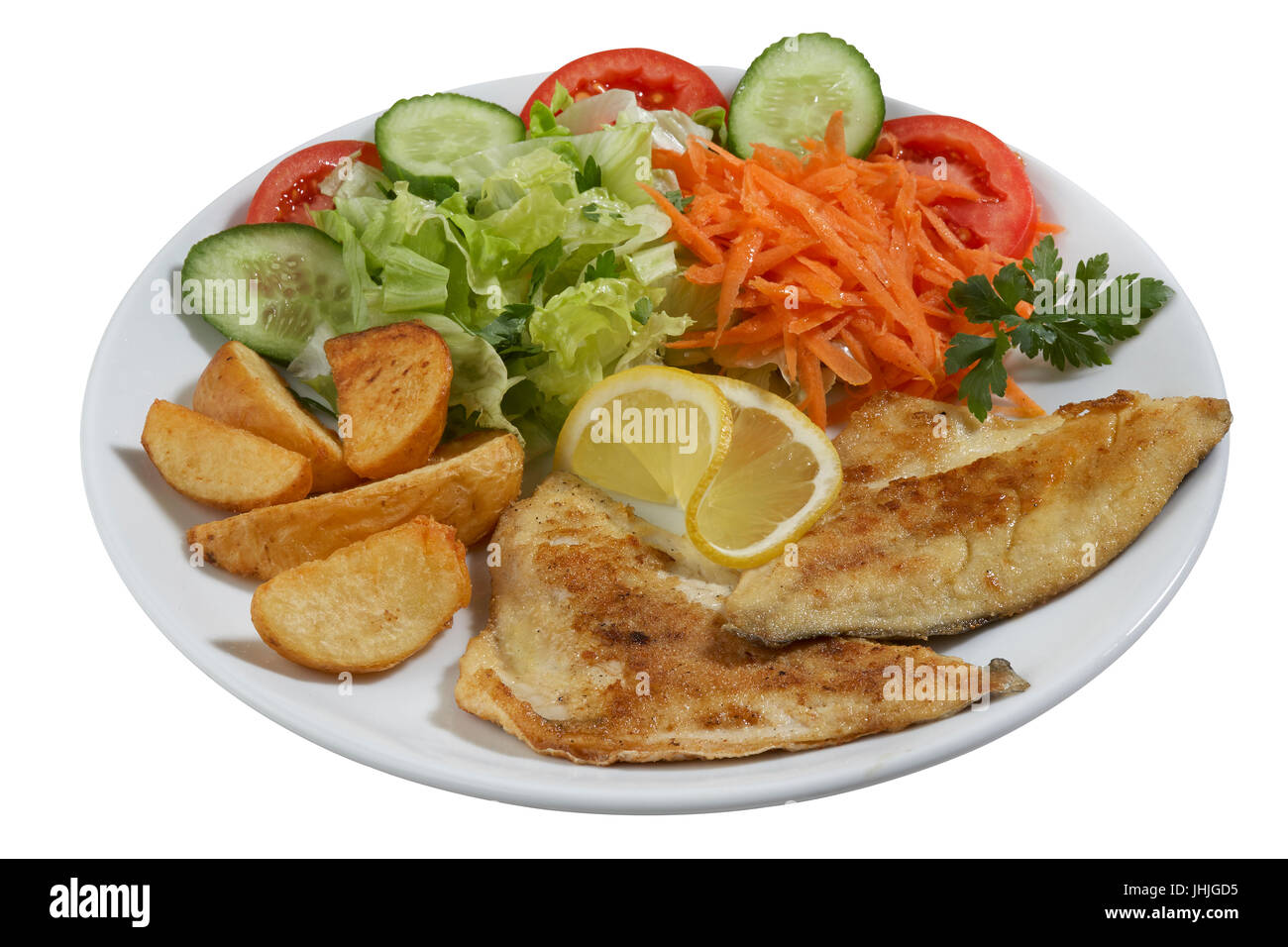 Grilled fish potatoes vegetables Cut Out Stock Images & Pictures - Alamy