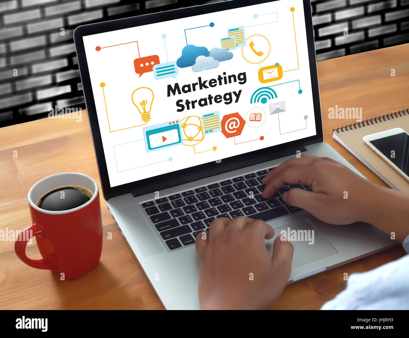 Marketing Strategy technology business man working on laptop computer ...