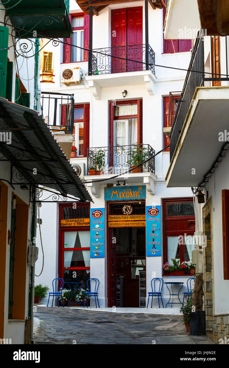 Facade of a building with a deli shop in Skopelos town, Greece Stock ...