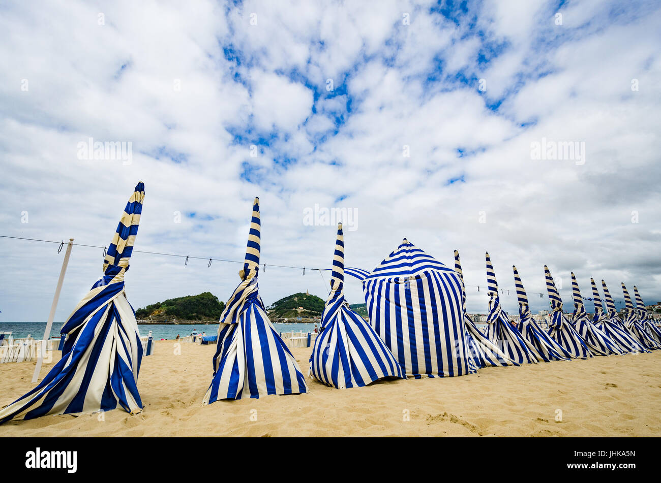 Typical white and blue vintage style beach huts on the beach of San ...