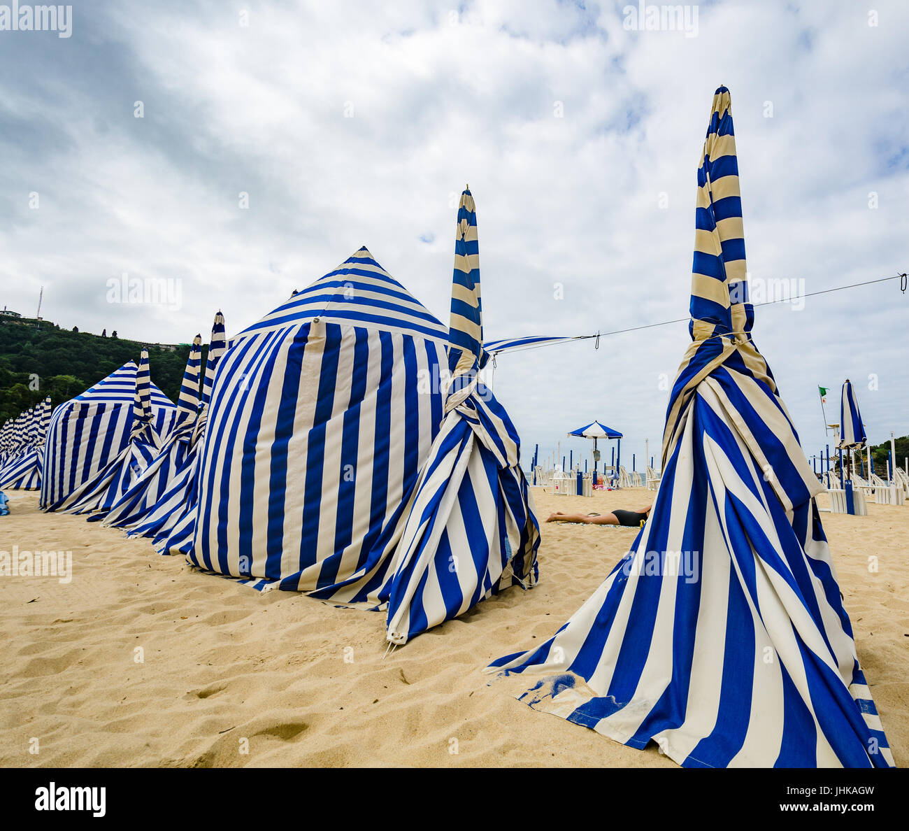 Typical white and blue vintage style beach huts on the beach of San ...