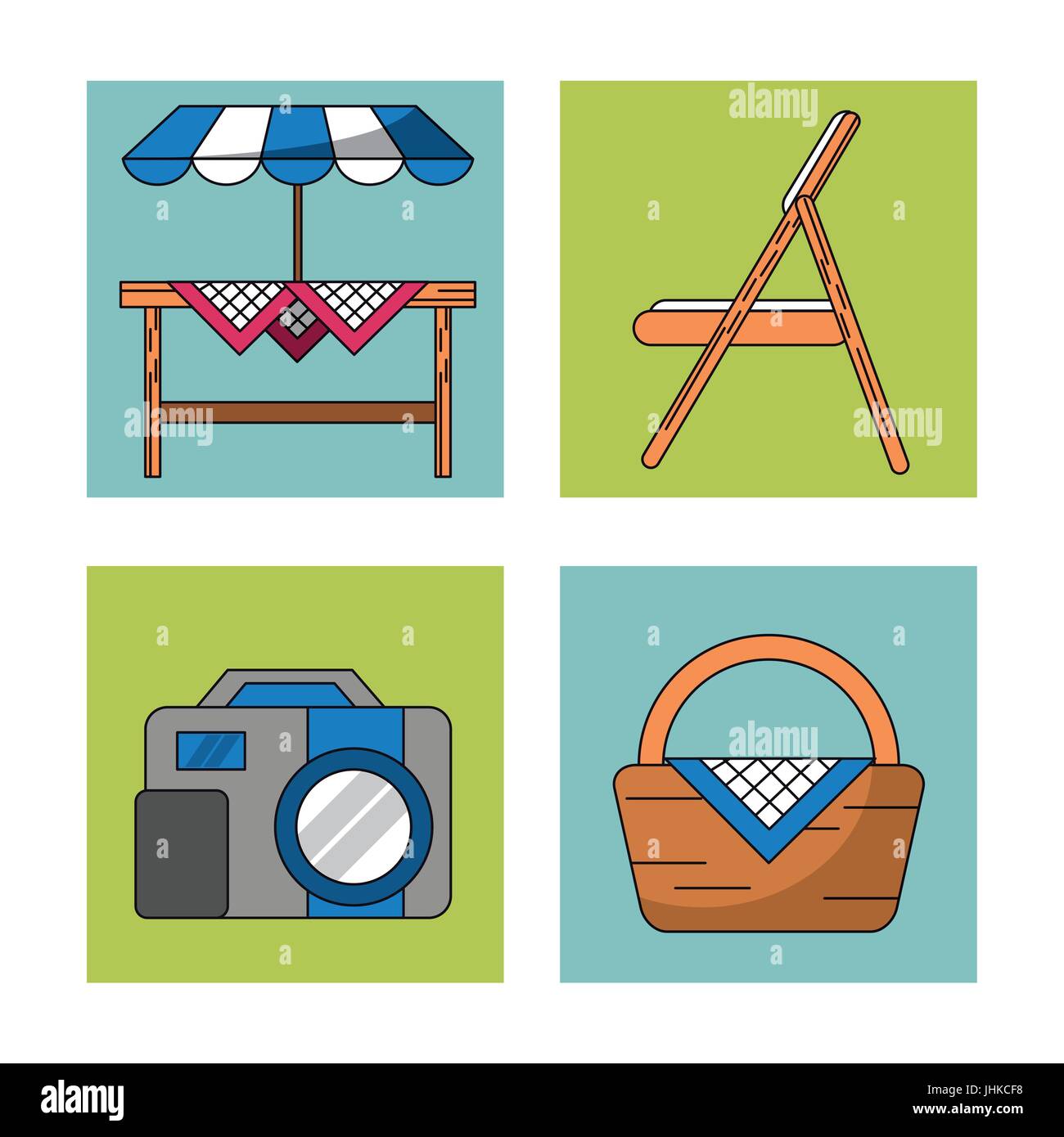 white background with frames of picnic elements with table with ...
