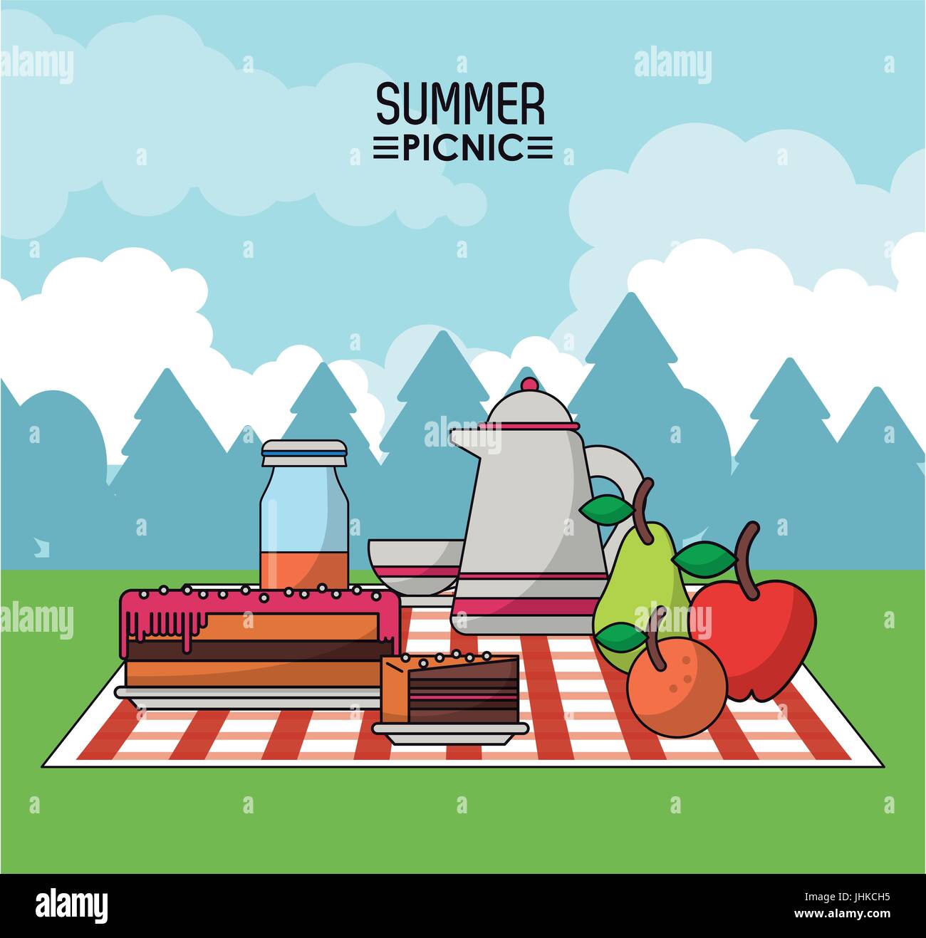 colorful poster of summer picnic with outdoor landscape with food in ...