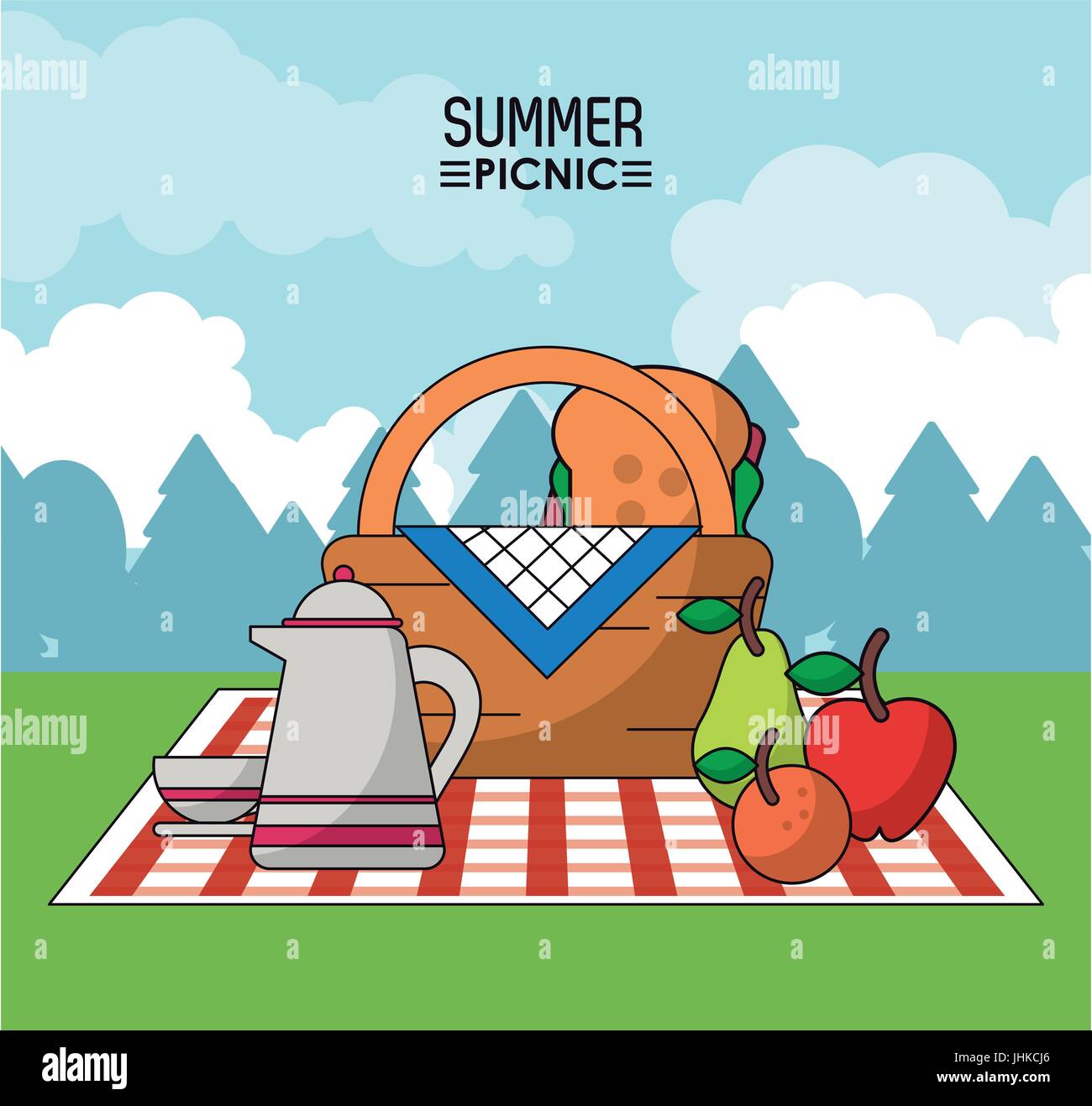 colorful poster of summer picnic with outdoor landscape and picnic ...