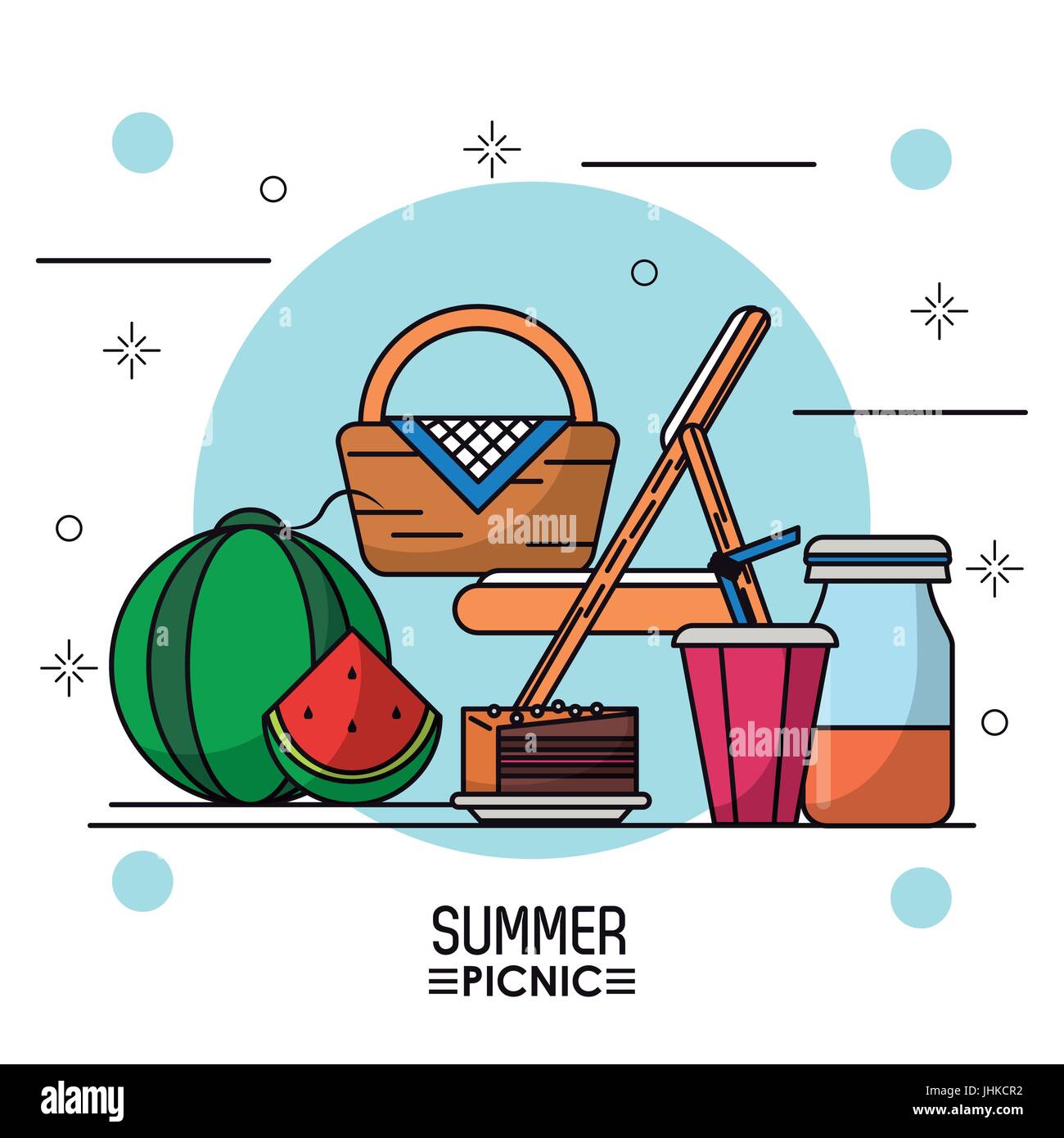 white background starry poster of summer picnic with picnic basket on ...