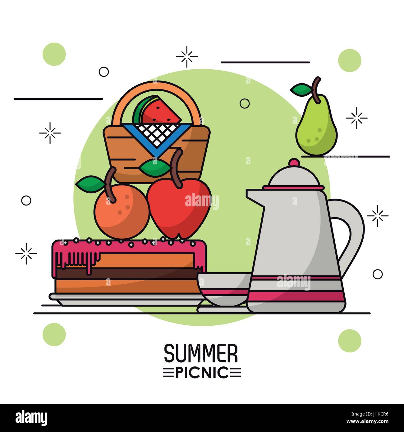 white background starry poster of summer picnic with picnic basket ...