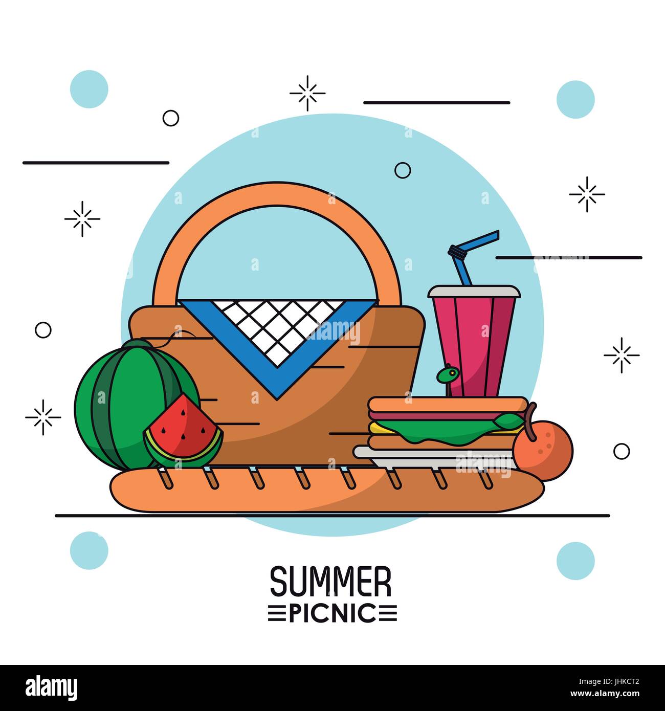 white background starry poster of summer picnic with picnic basket ...