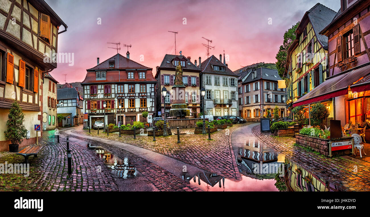 Rainy sunset in historical village Ribeauville, Alsace, France Stock ...