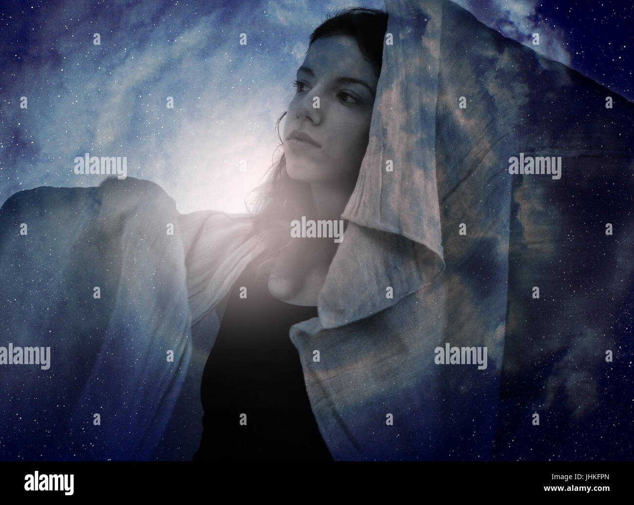 A Photo manipulation of a dancer with double exposure and a blue veil ...