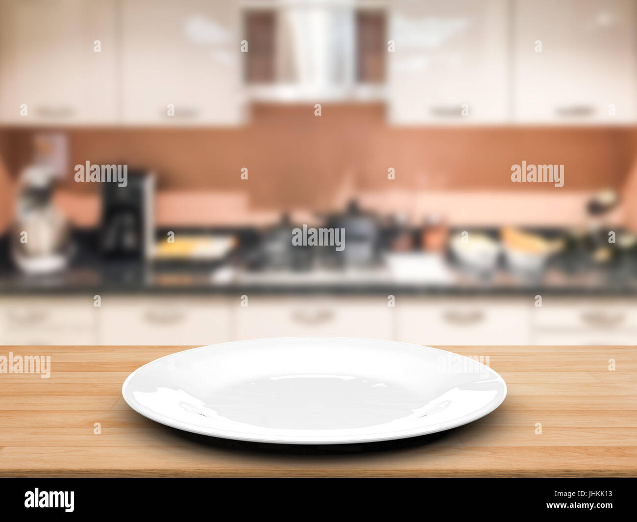 3d rendering empty dish with kitchen background Stock Photo - Alamy