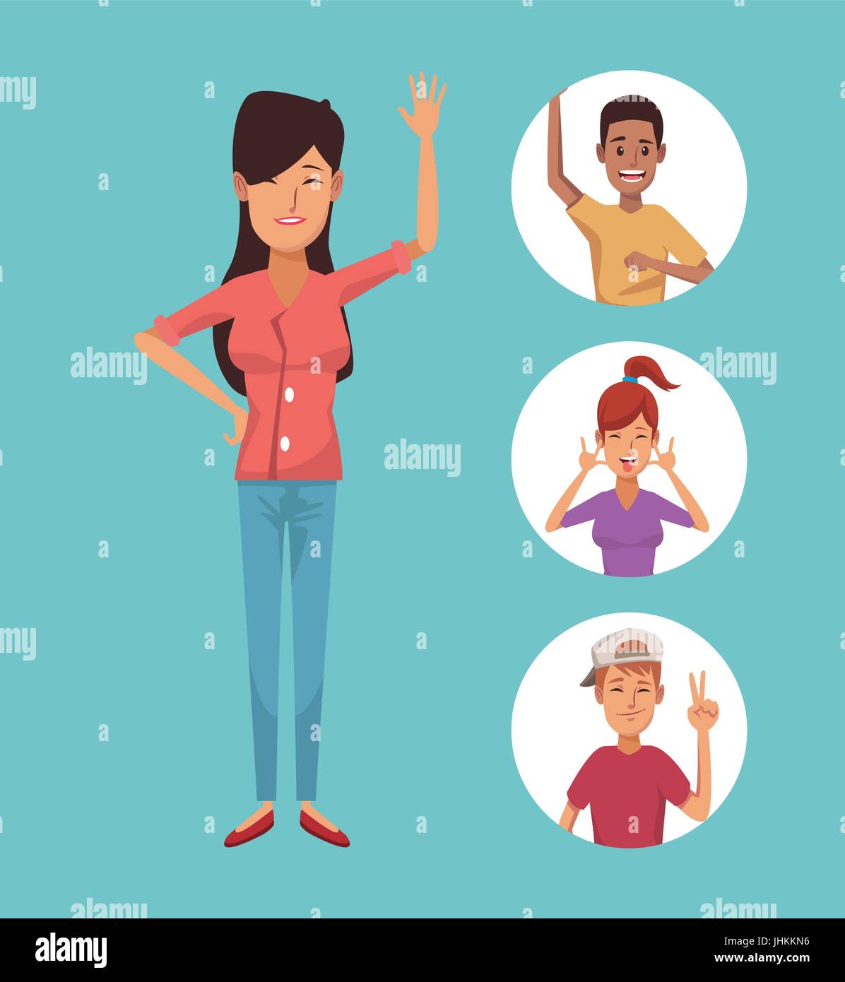 blue background with colorful woman in closeup and friends in round ...