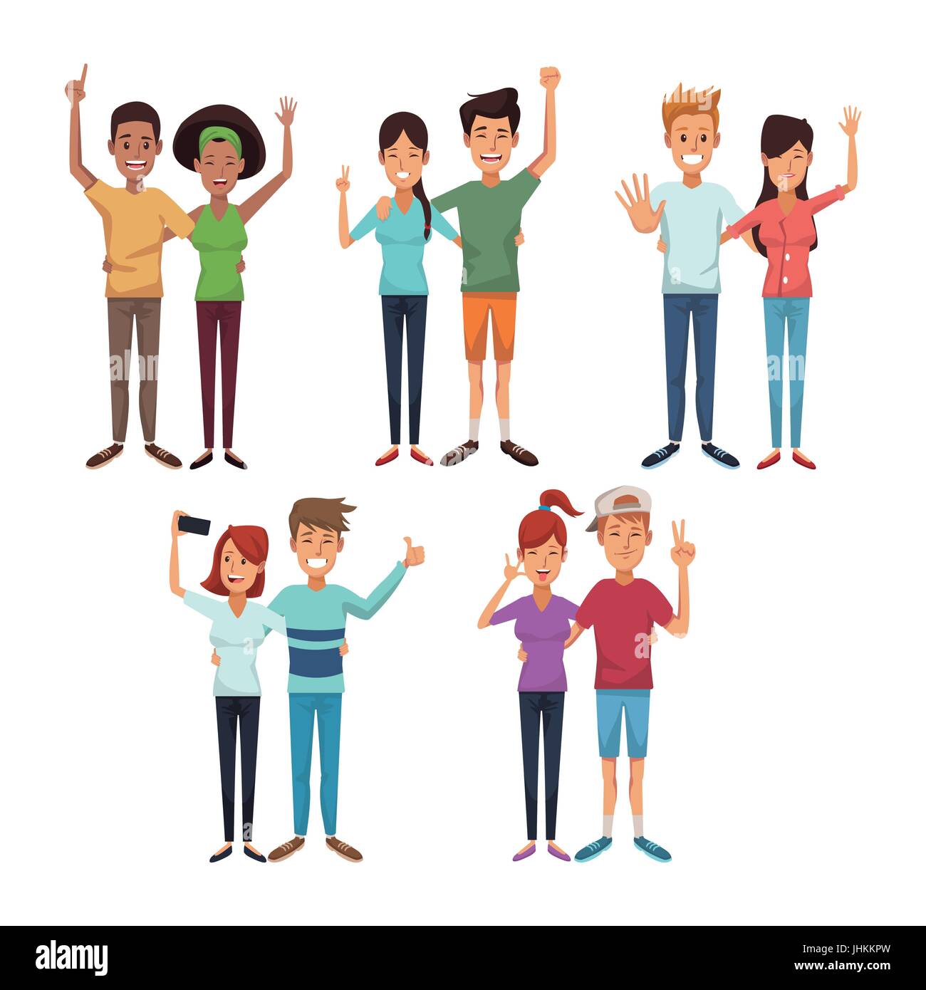 white background with colorful couples of friends posing Stock Vector ...