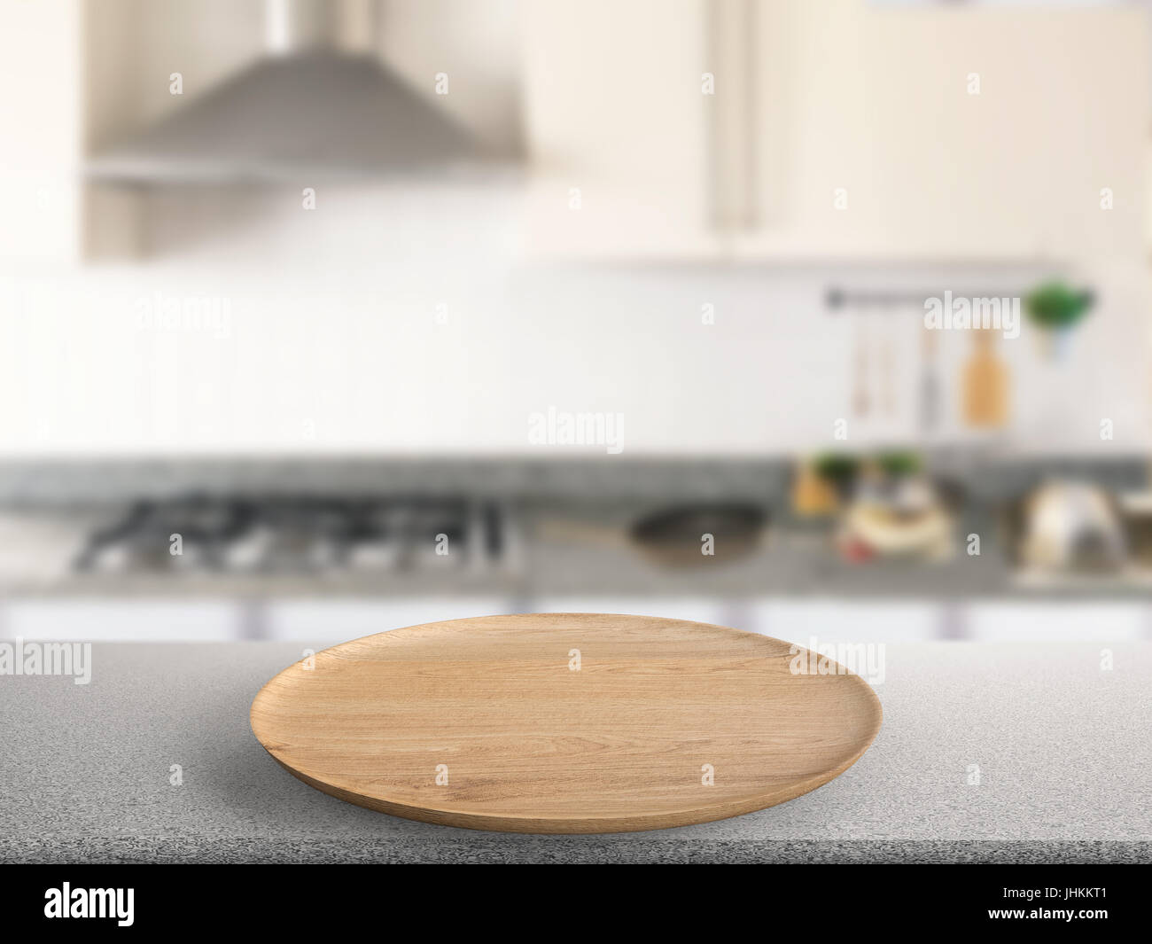 3d rendering wooden plate with kitchen background Stock Photo - Alamy