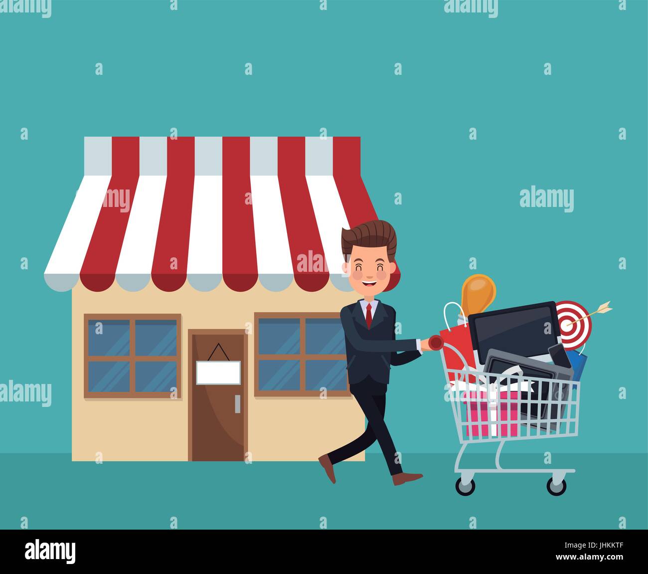 color background scene of businessman coming out of store with shopping ...