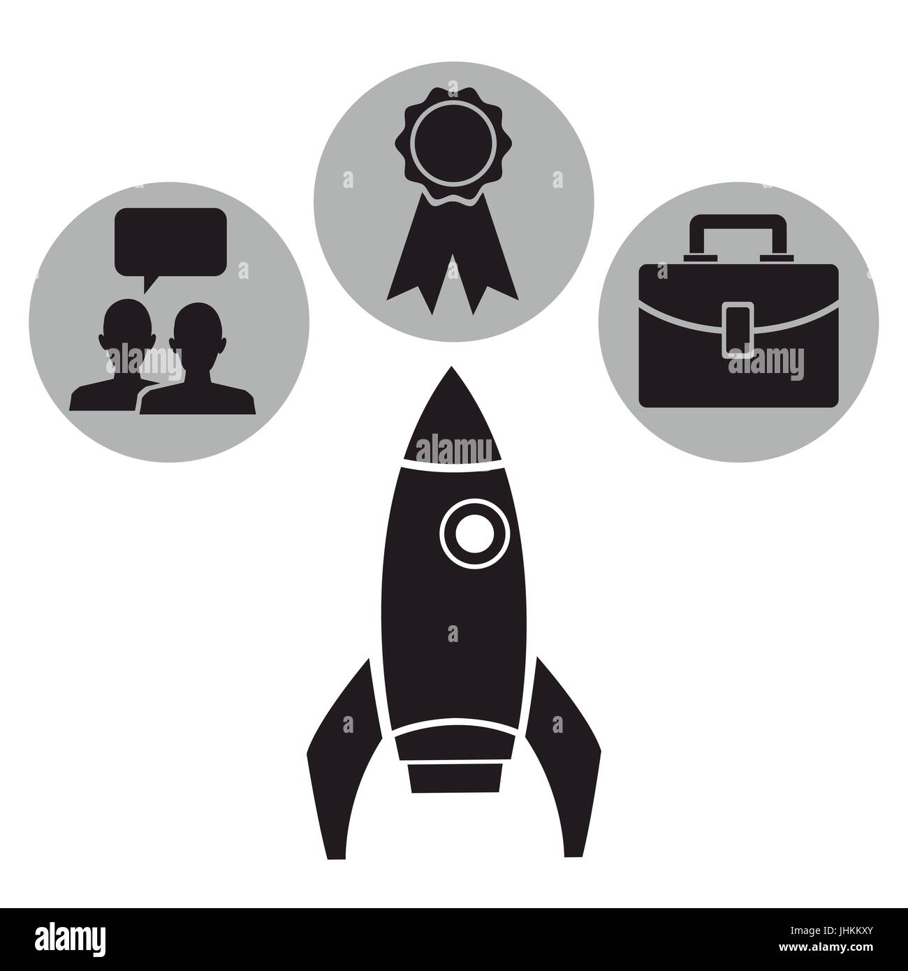 white background with monochrome rocket with circular frames elements ...