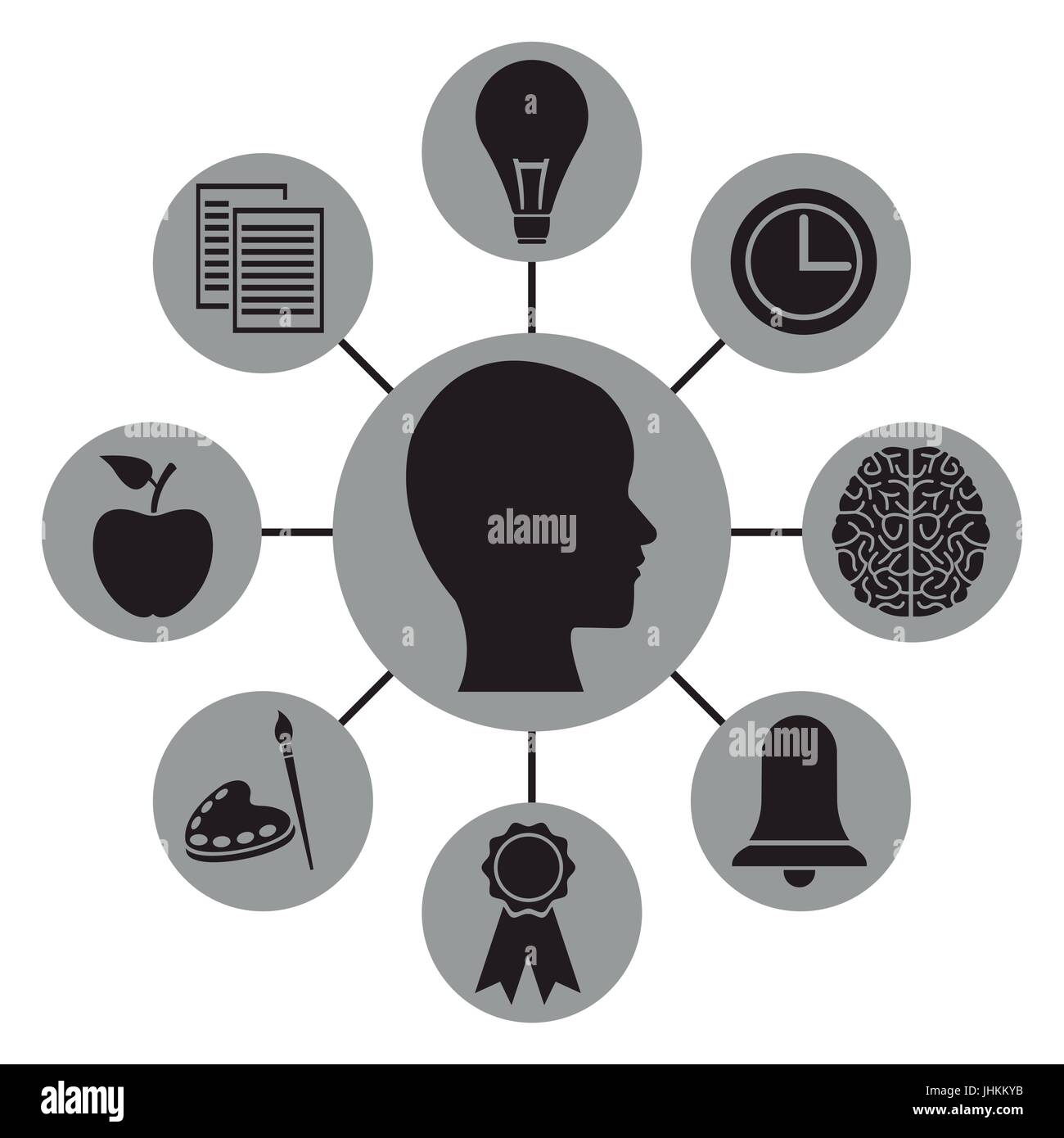 white background with monochrome profile head human connected to icons ...