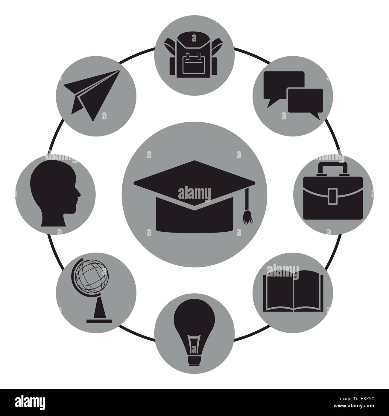 white background with monochrome graduation cap with icons academic ...