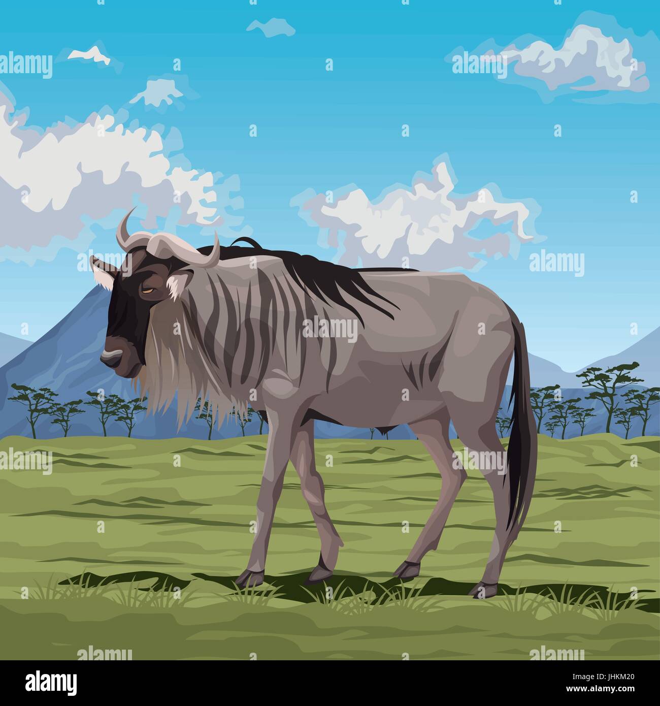 colorful scene african landscape with wildebeest standing Stock Vector ...