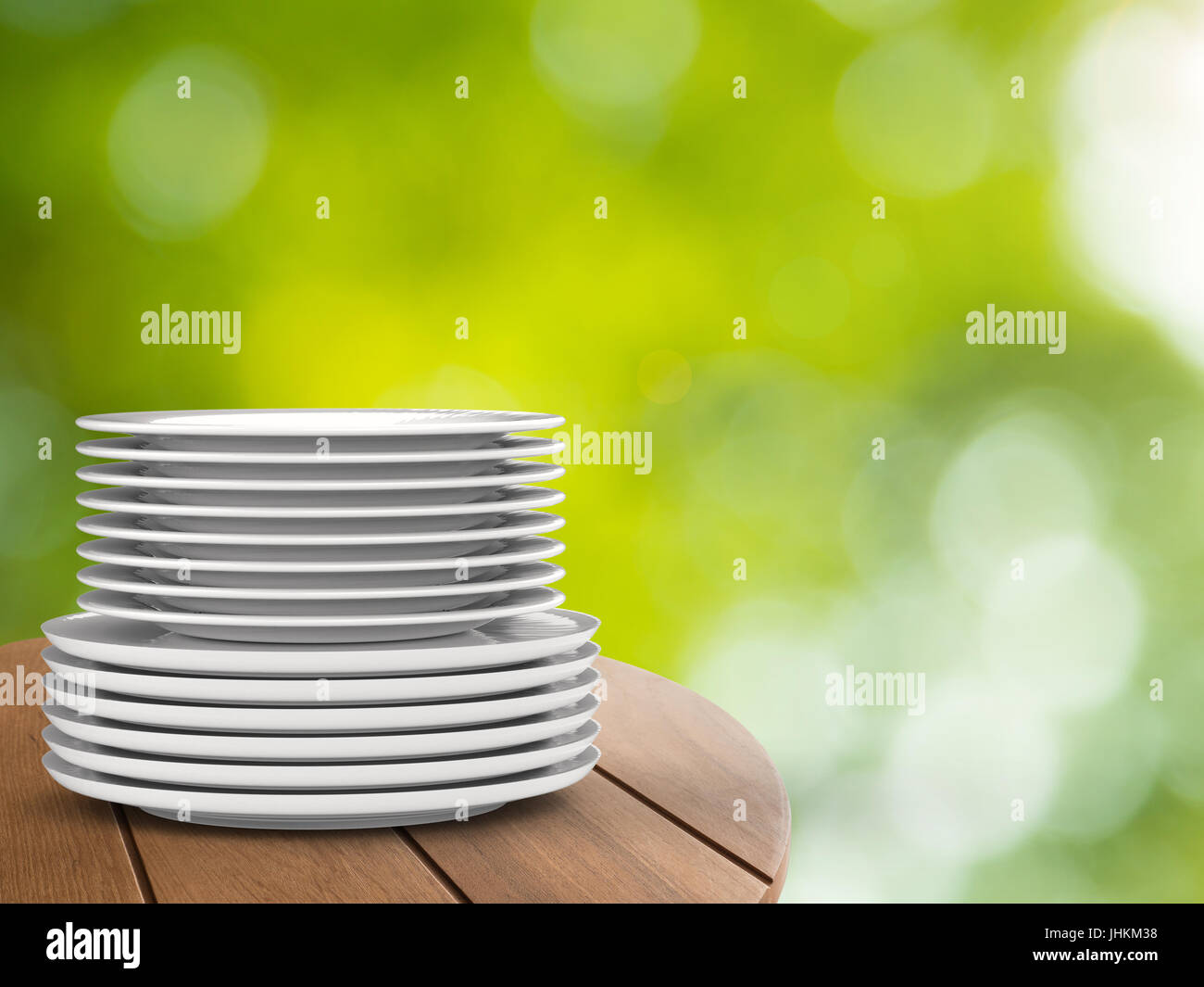 3d rendering stack of white dishes on wooden table Stock Photo - Alamy