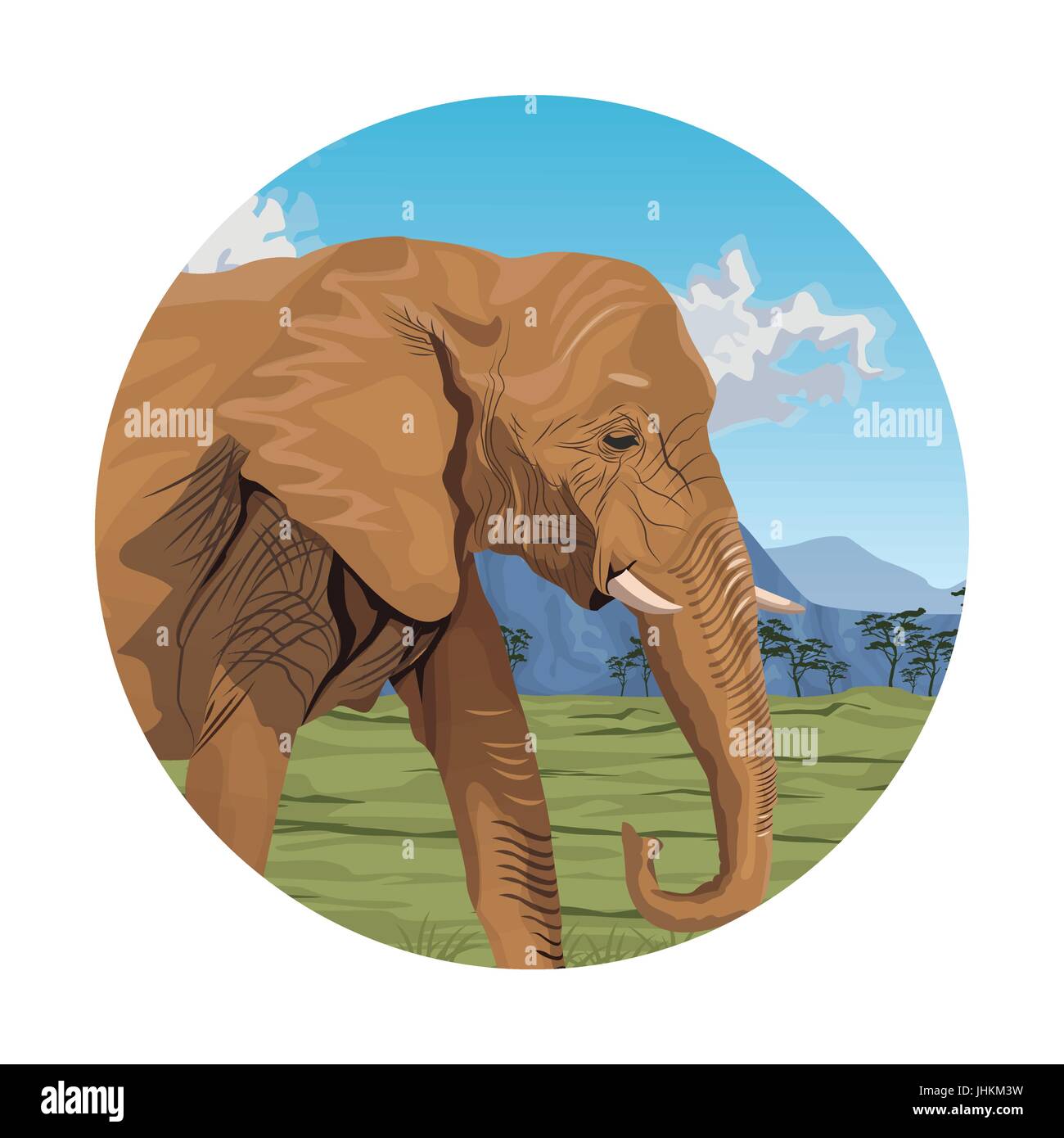 circular frame with colorful scene african landscape with elephant ...