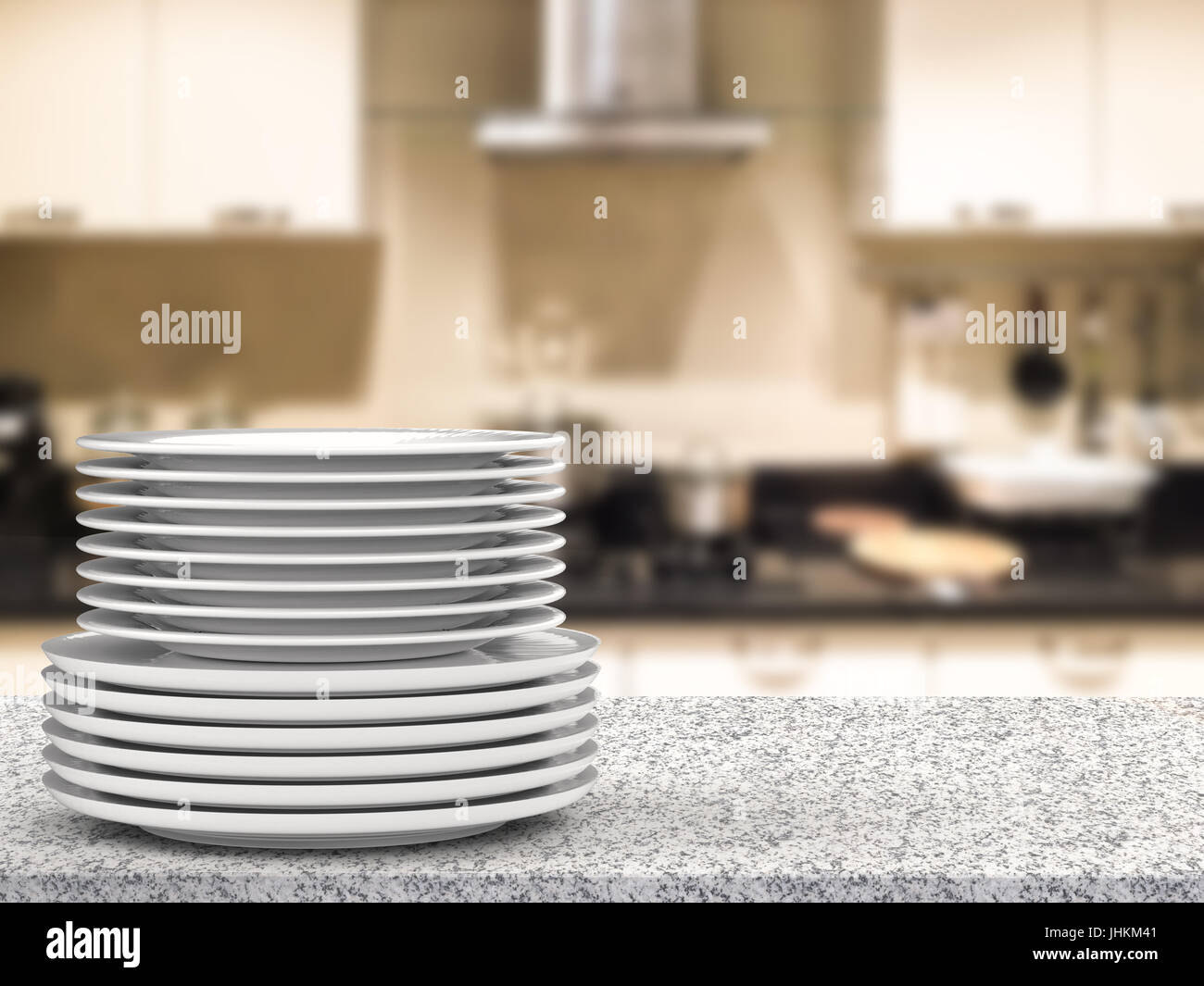 3d rendering stack of dishes with kitchen background Stock Photo - Alamy