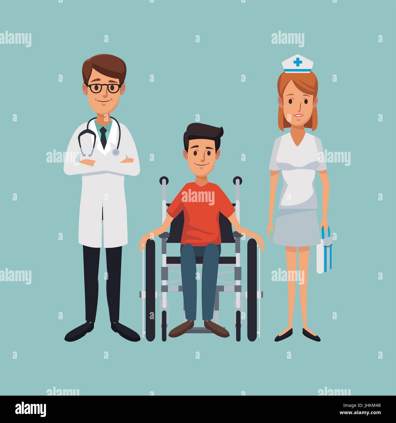 color background with handicapped man in wheelchair and team specialist ...