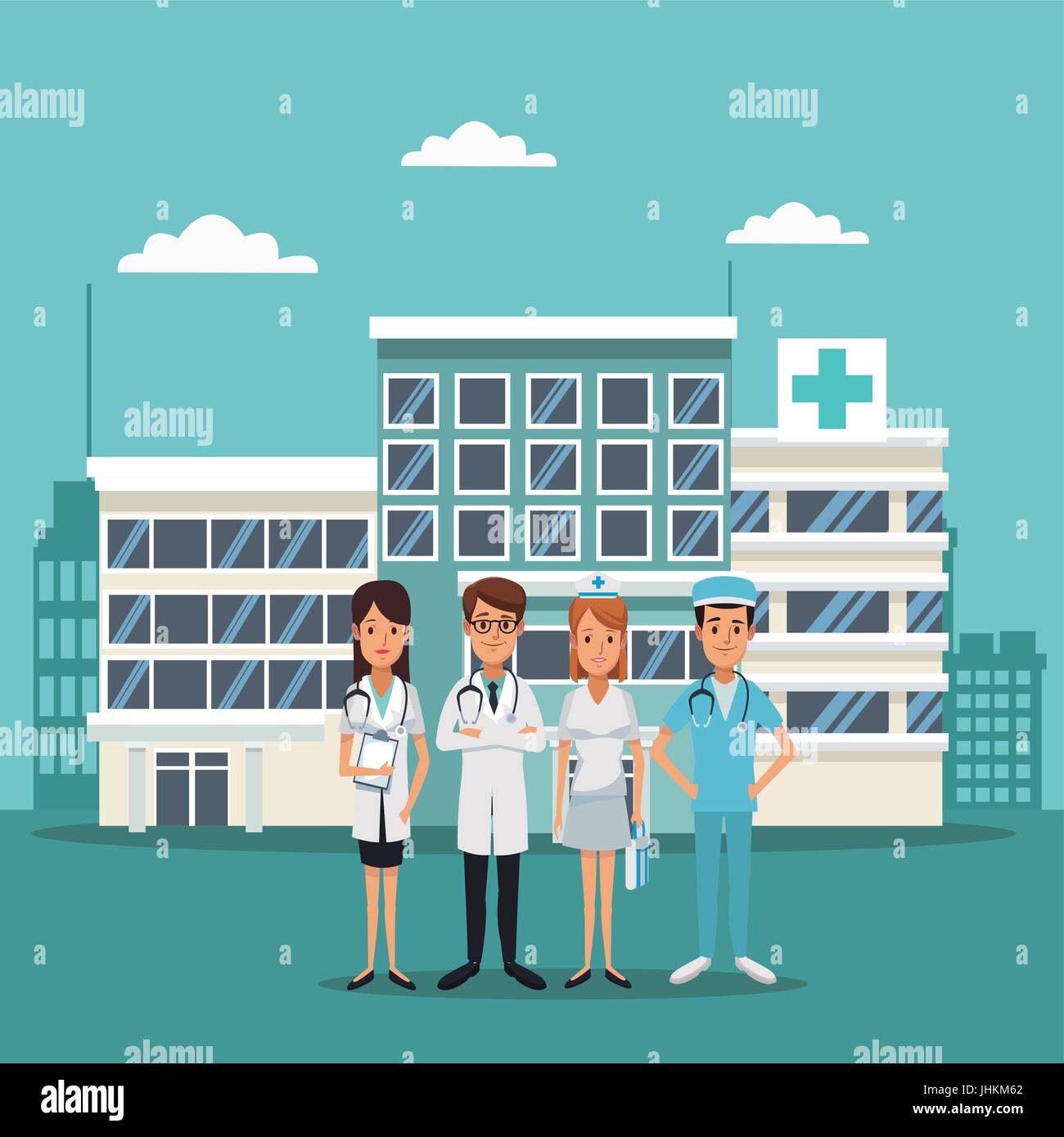 city landscape scene background with buildings and hospitals with staff ...