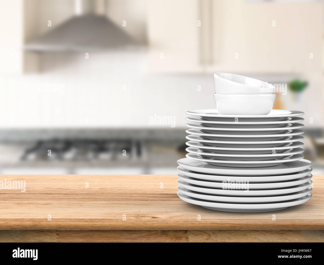 3d rendering stack of dishes with kitchen background Stock Photo - Alamy