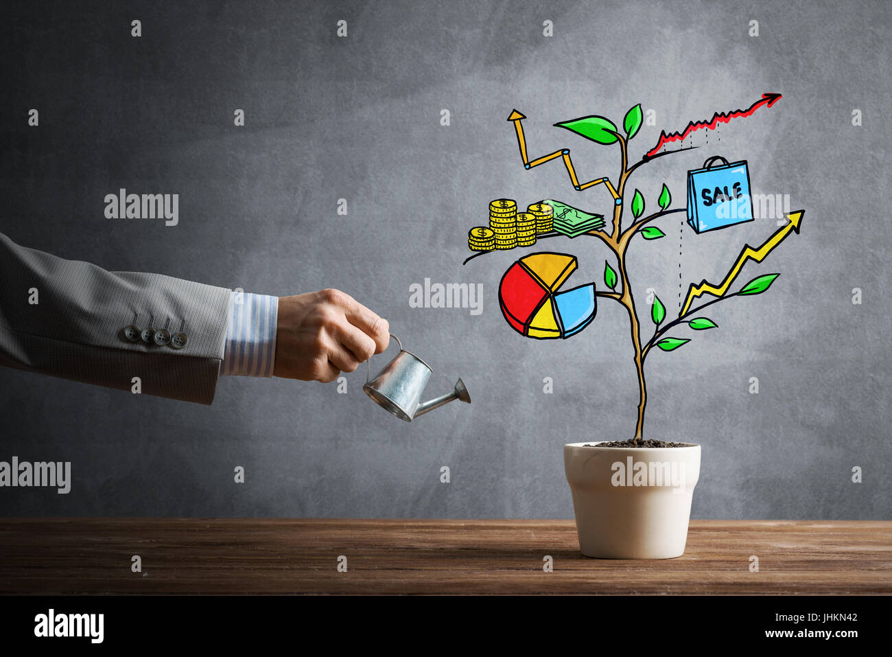 Drawn income tree in white pot for business investment savings and ...