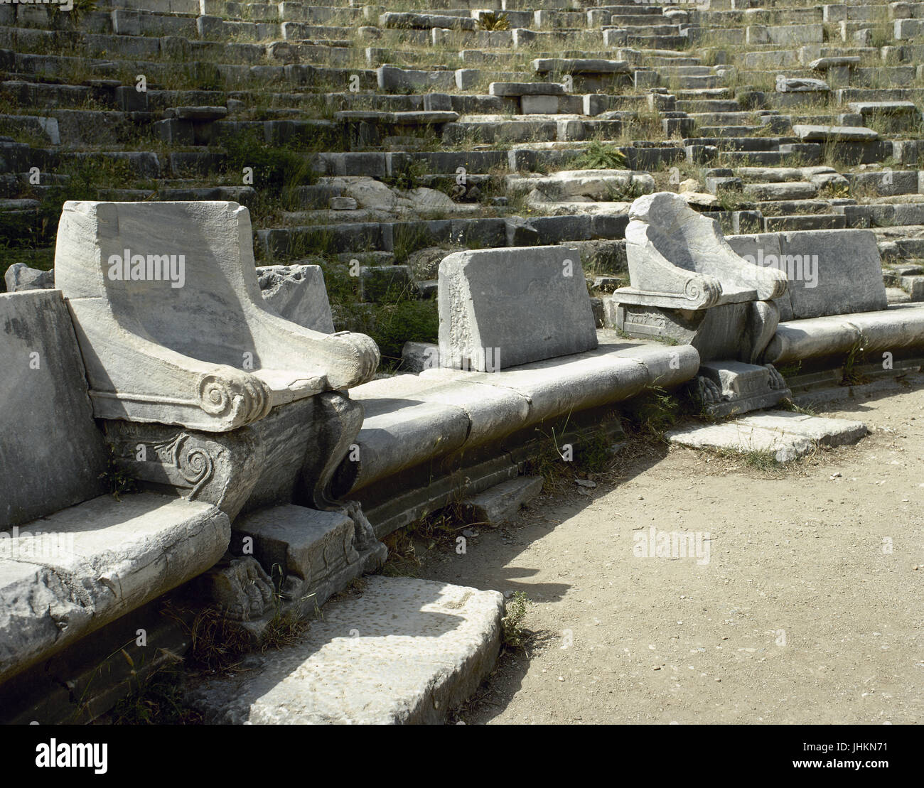 Turkey. Priene. Ancient Greek city. Theater. Leader seat. Hellenistic ...