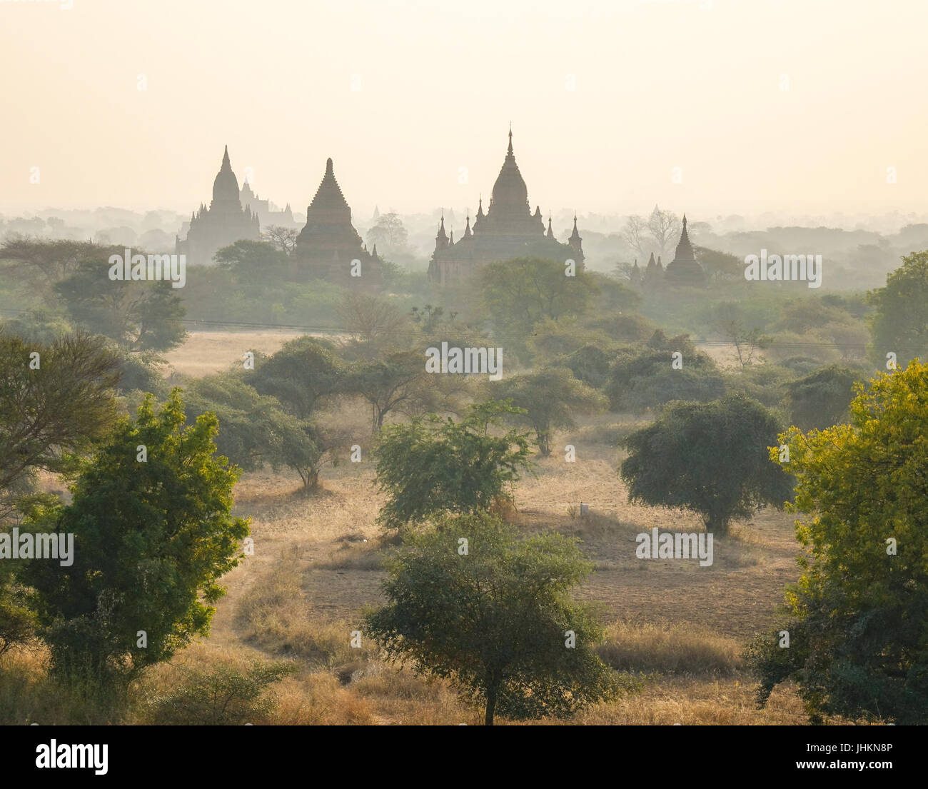 Landscape of sunrise with many ancient Buddhist temples and green trees ...