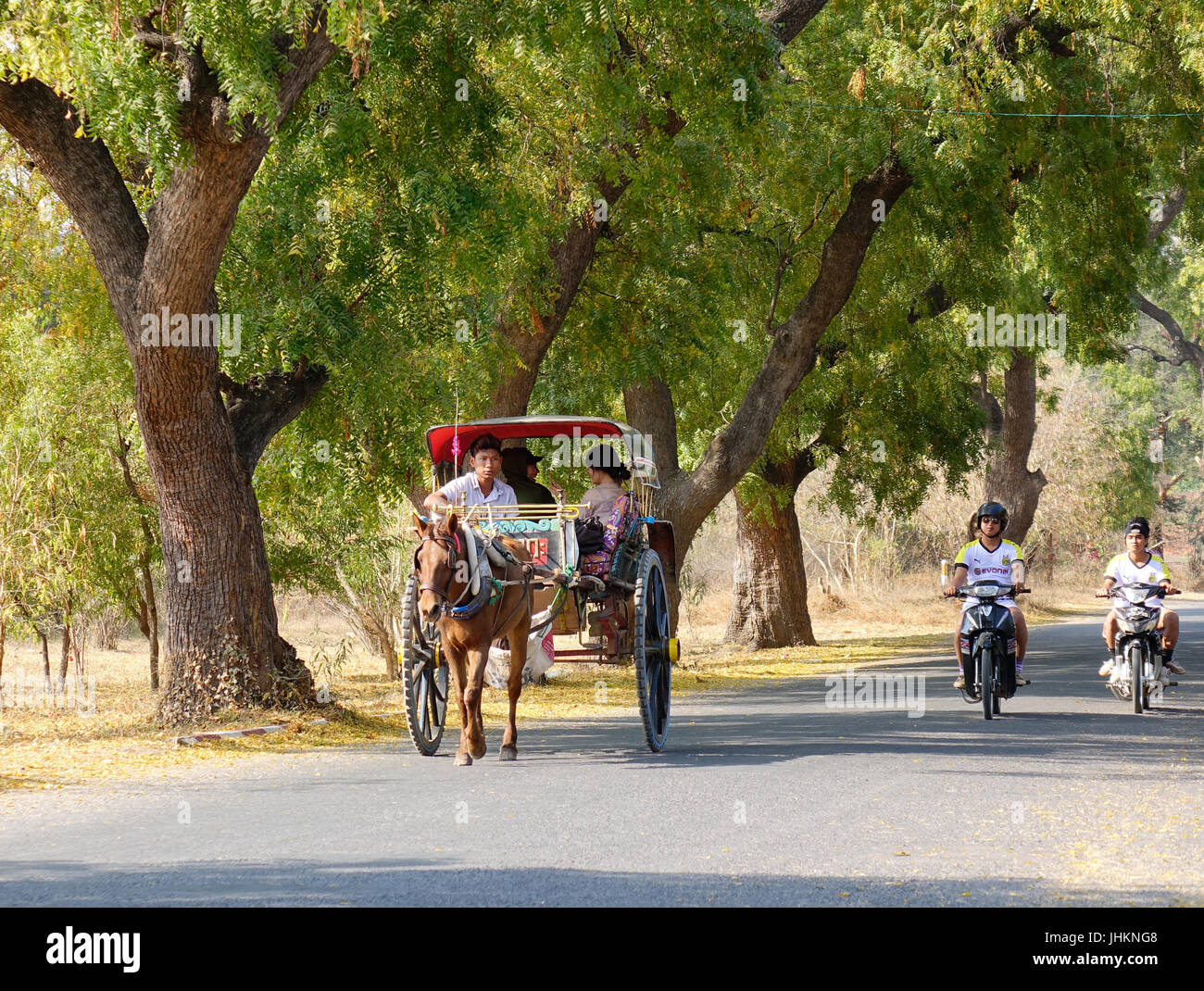 Bagan, Myanmar - Feb 18, 2016. A horse cart running on the rural road ...