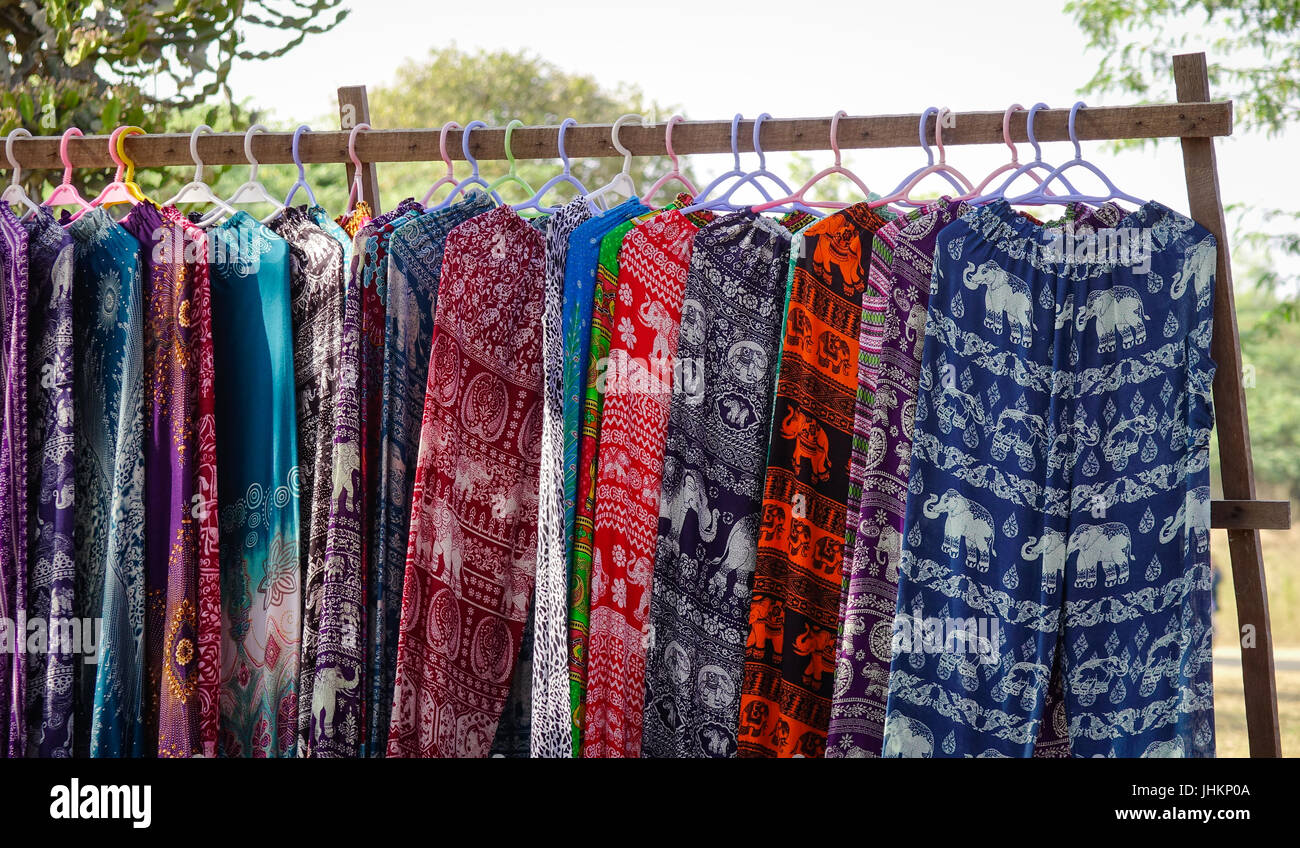 Clothes for sale at local market in Bagan, Myanmar. Bagan is an ancient ...