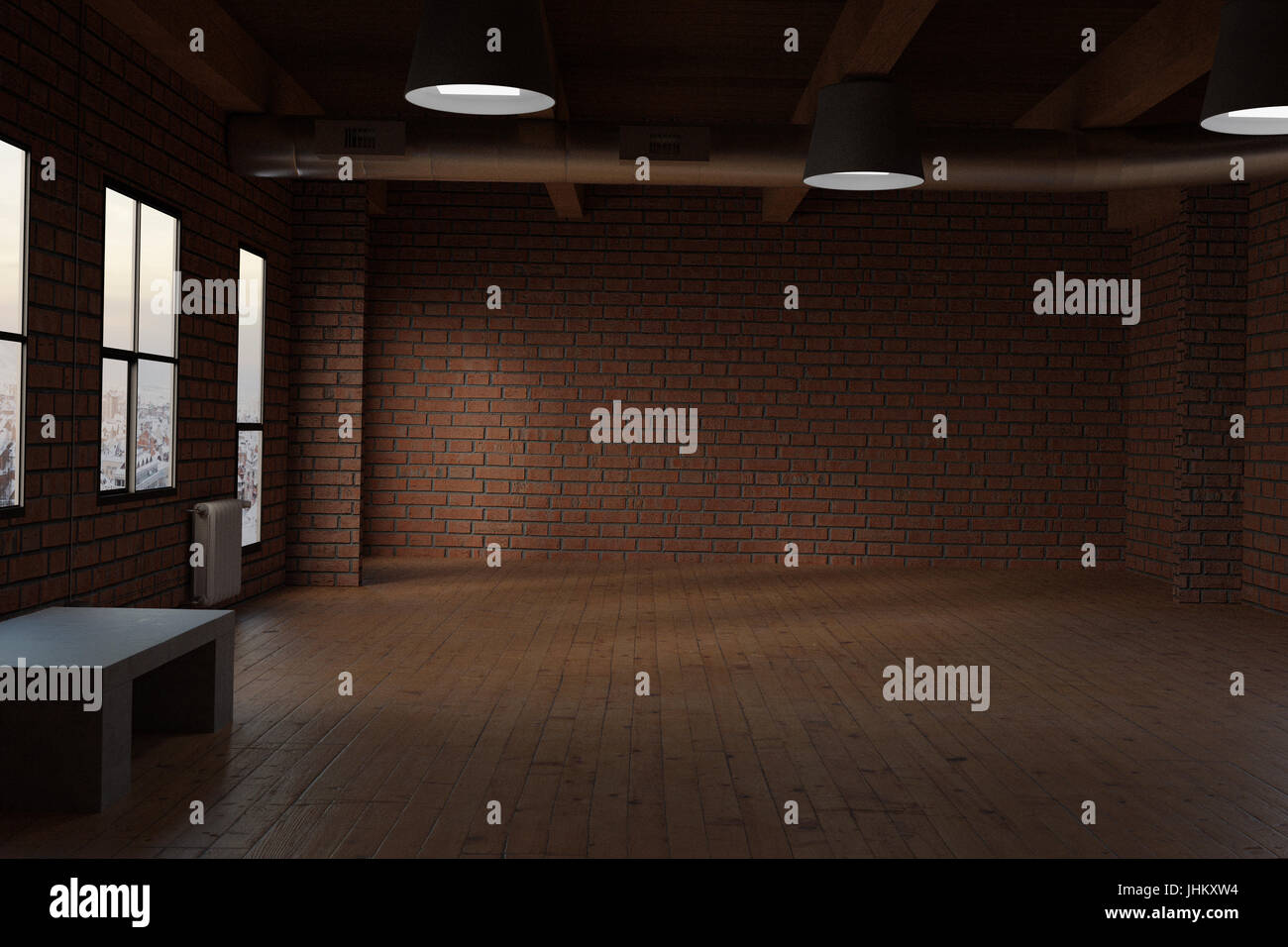3d rendering of empty studio room with red bricks Stock Photo - Alamy