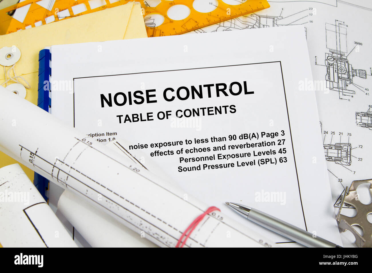 Noise control brochure with blueprint and pencil concept Stock Photo ...