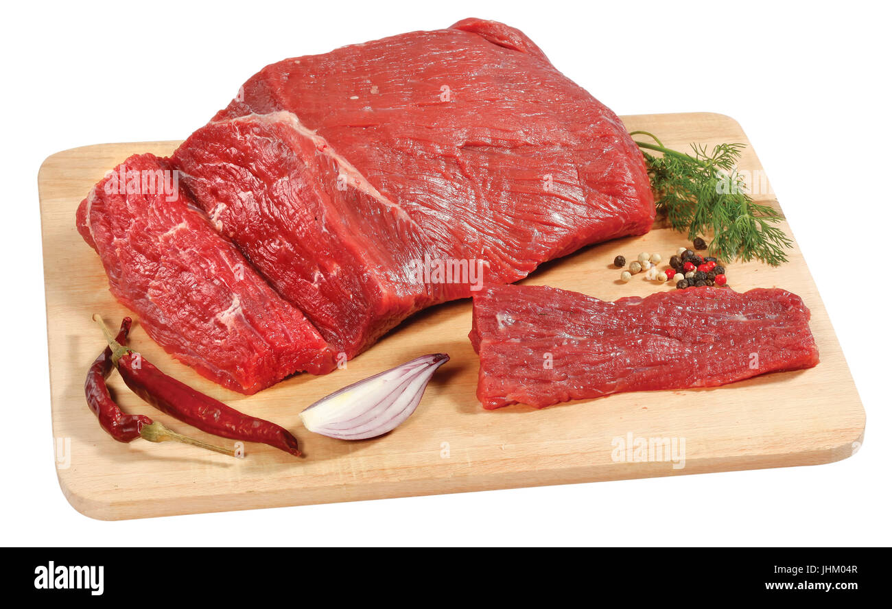 fresh raw red beef meat big steak chunk on wooden cut board isolated ...