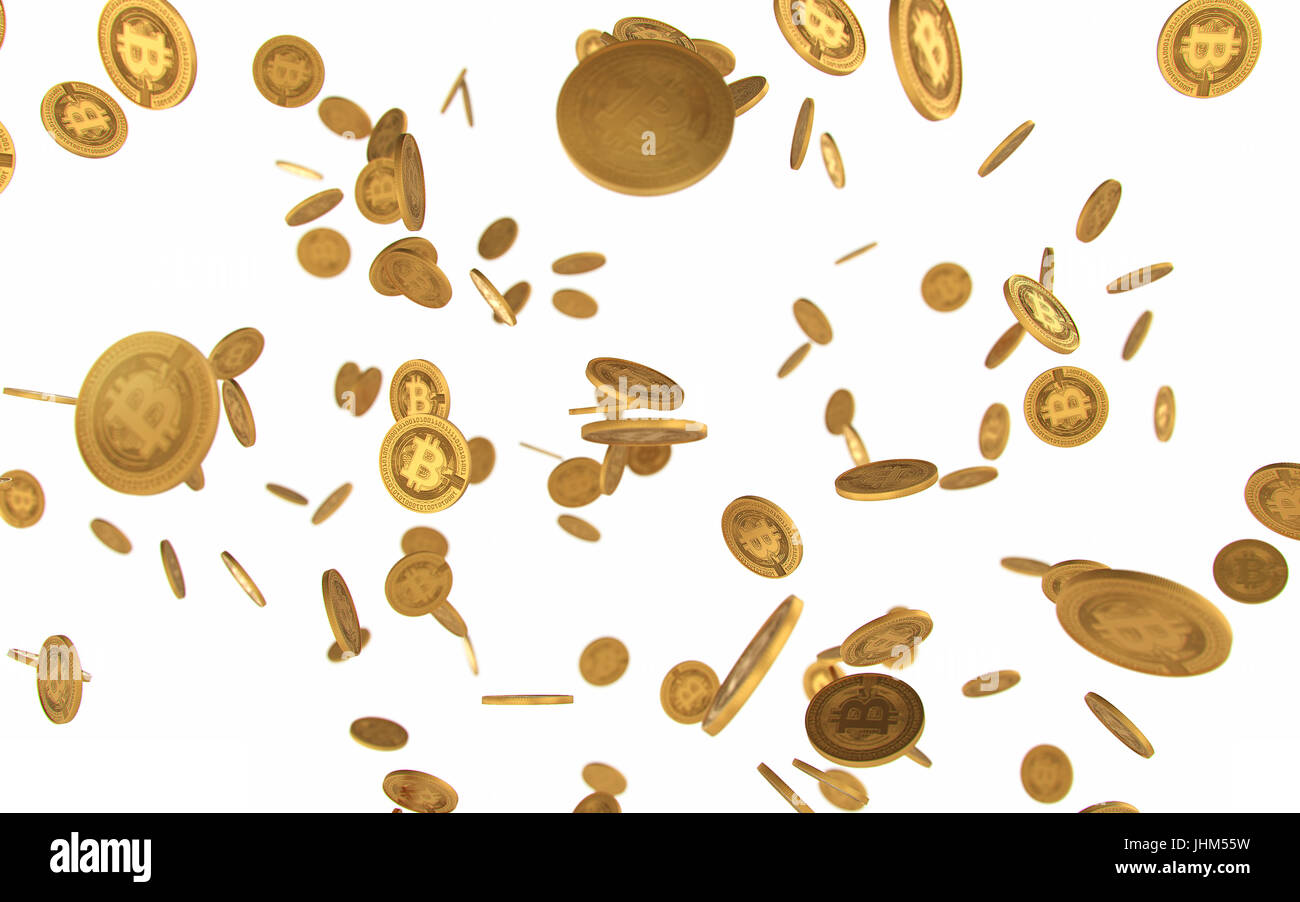 rain from the golden bitcoins. isolated on white. 3d render Stock Photo ...