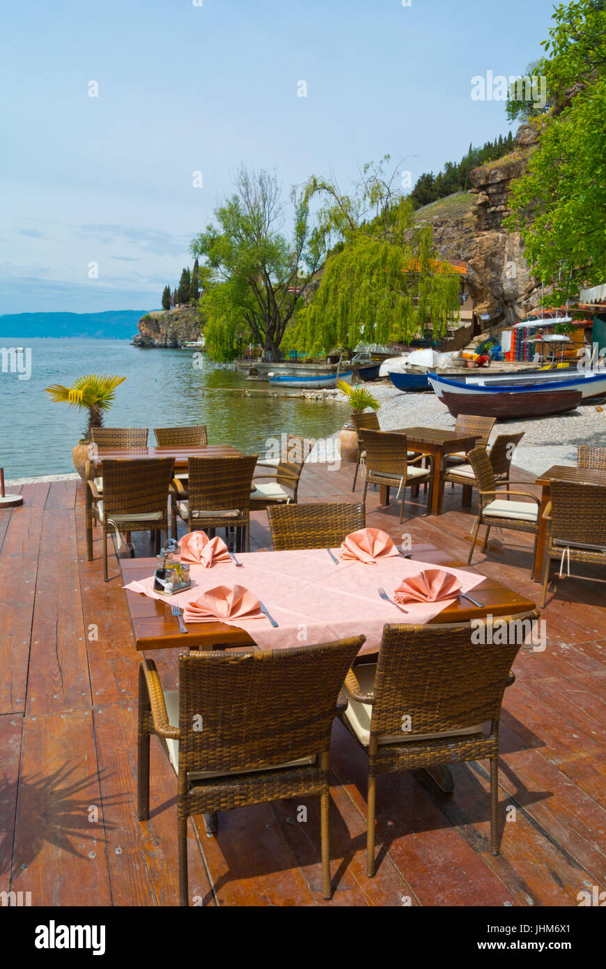 Restaurant Potpes, lakeside terrace by beach, Ohrid, Macedonia Stock ...