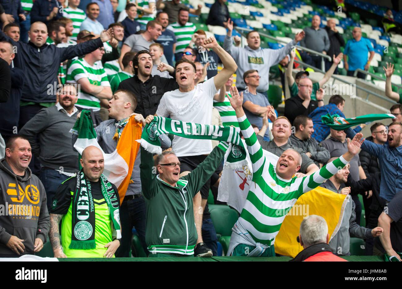Celtic fans gesture to Linfield fans as Celtic score during the UEFA ...
