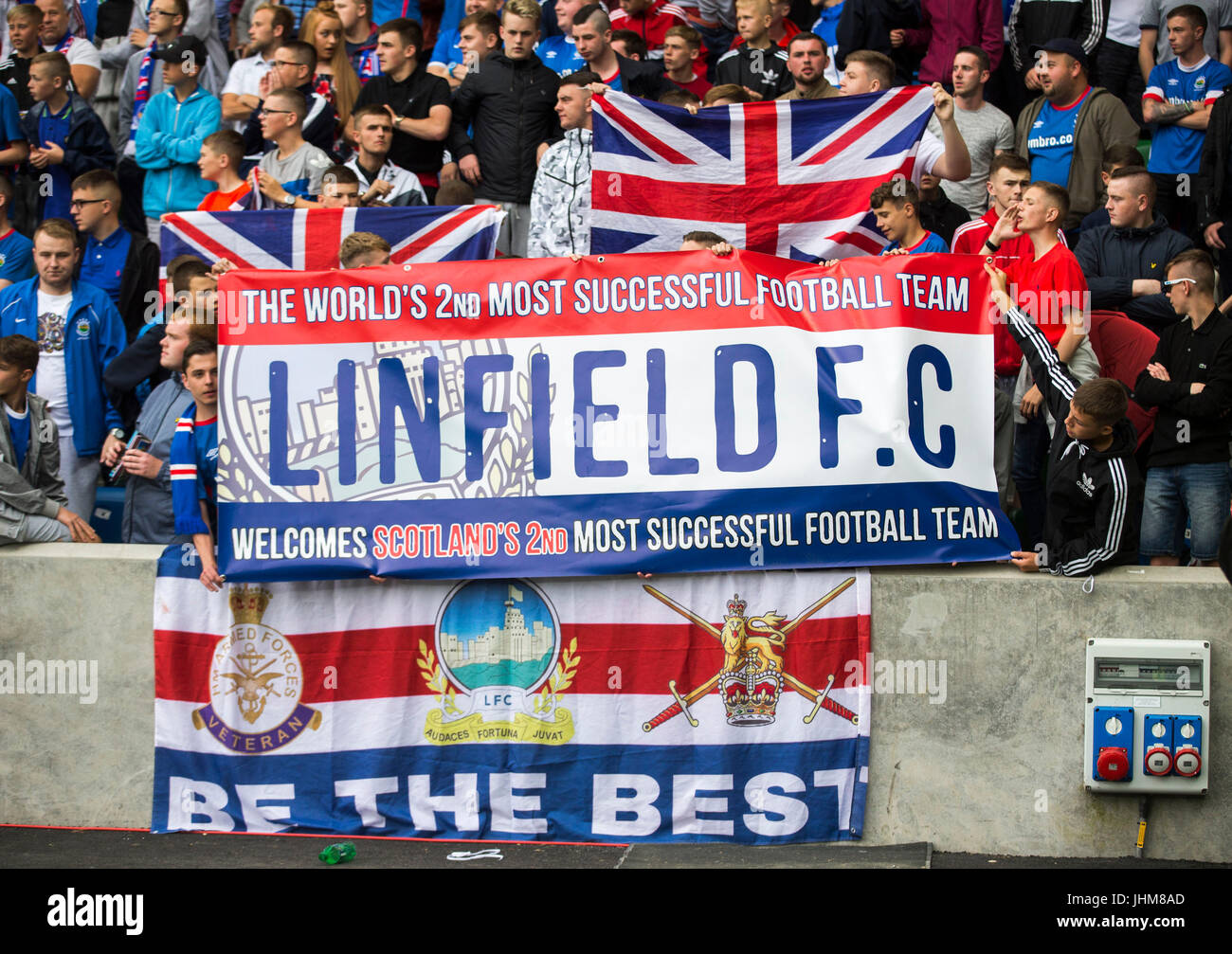 Linfield fans unveil a banner during the UEFA Champions League ...