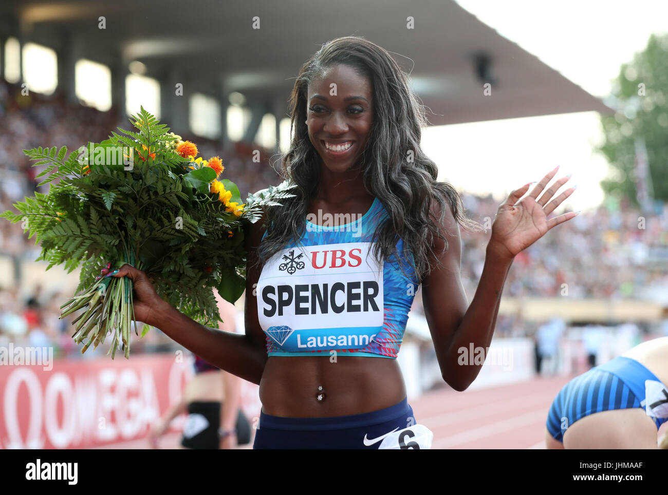 Ashley Spencer (USA) poses after winning the women's 400m hurdles in 53 ...