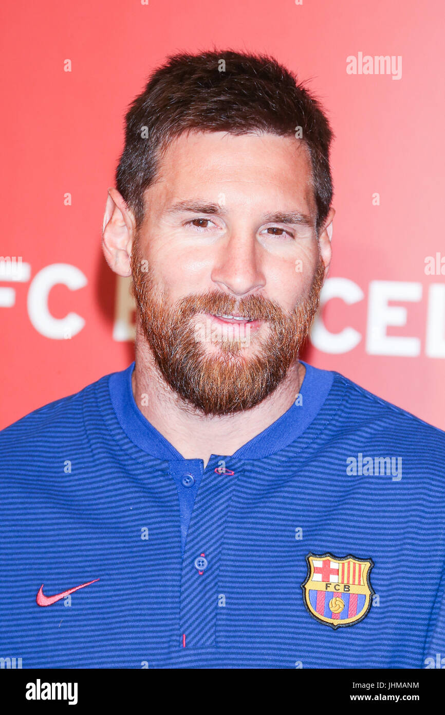 FC Barcelona player Lionel Messi attends a press conference at Rakuten ...